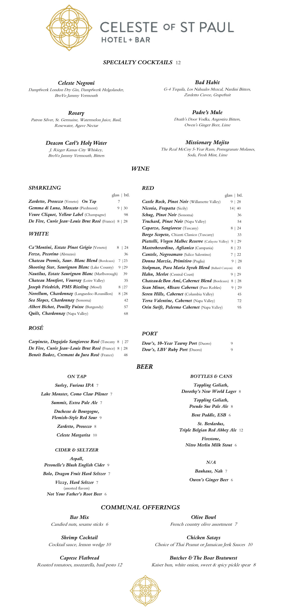 Drink Menu | Celeste of St. Paul | Hotel + Bar
